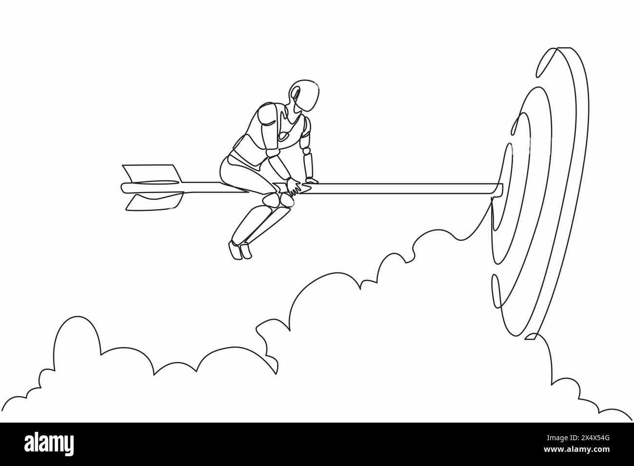 Single one line drawing robots riding big arrow with exact target ...