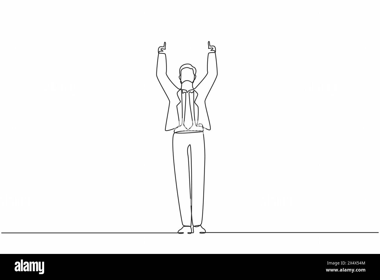 Single continuous line drawing happy businessman standing and both ...