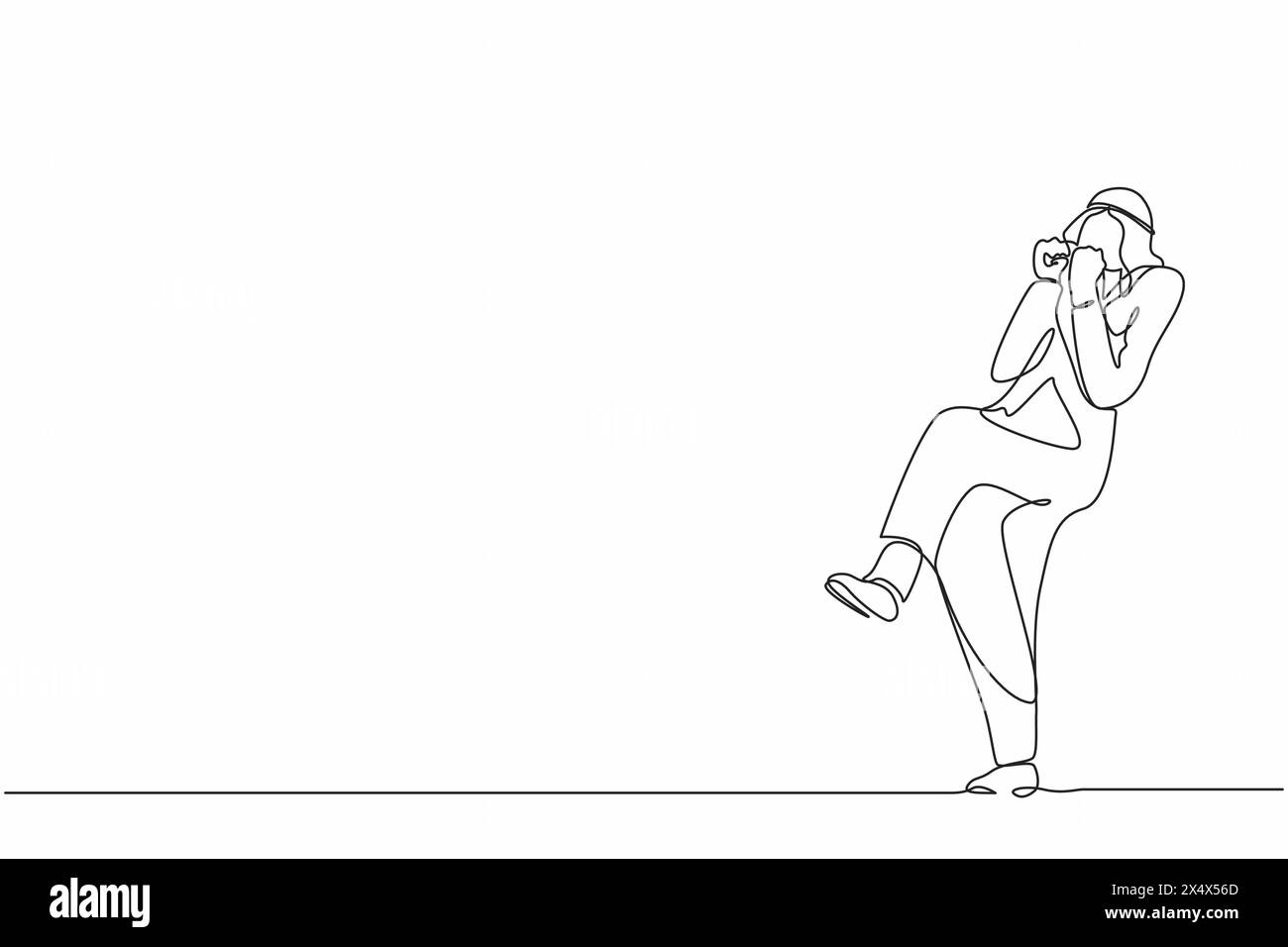 Single continuous line drawing happy Arabian businessman standing with ...