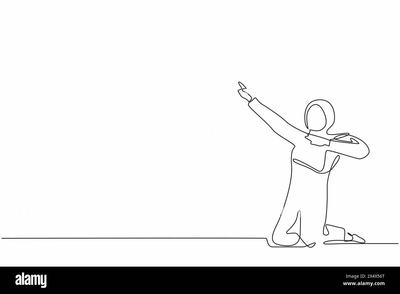 Single one line drawing happy Arab businesswoman kneeling with ...