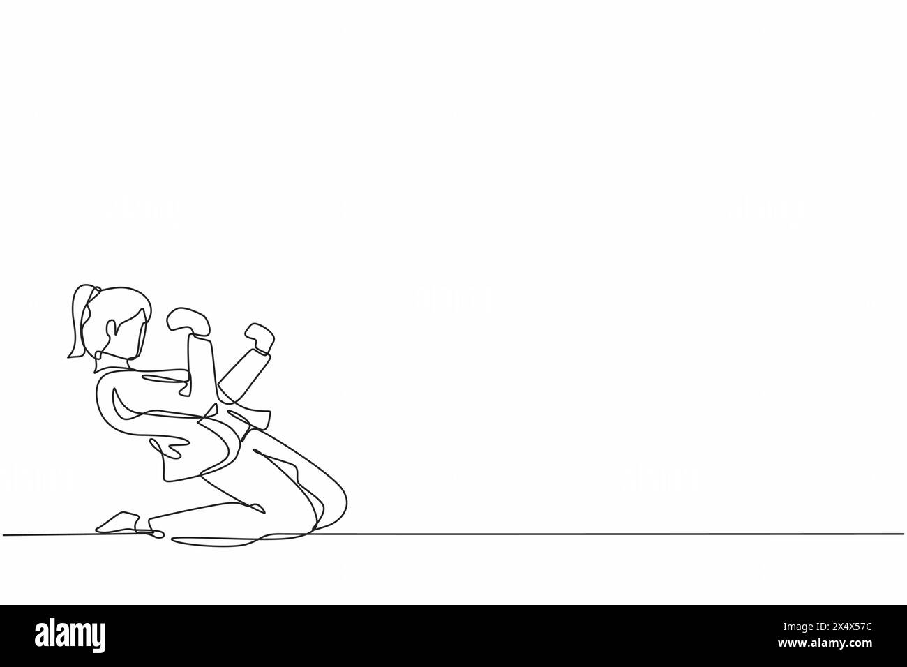 Single one line drawing happy businesswoman kneeling with celebrating ...