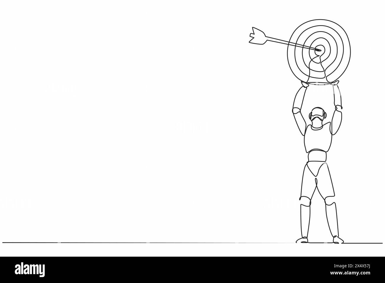 Single one line drawing robot lifting up big target with accurate arrow ...