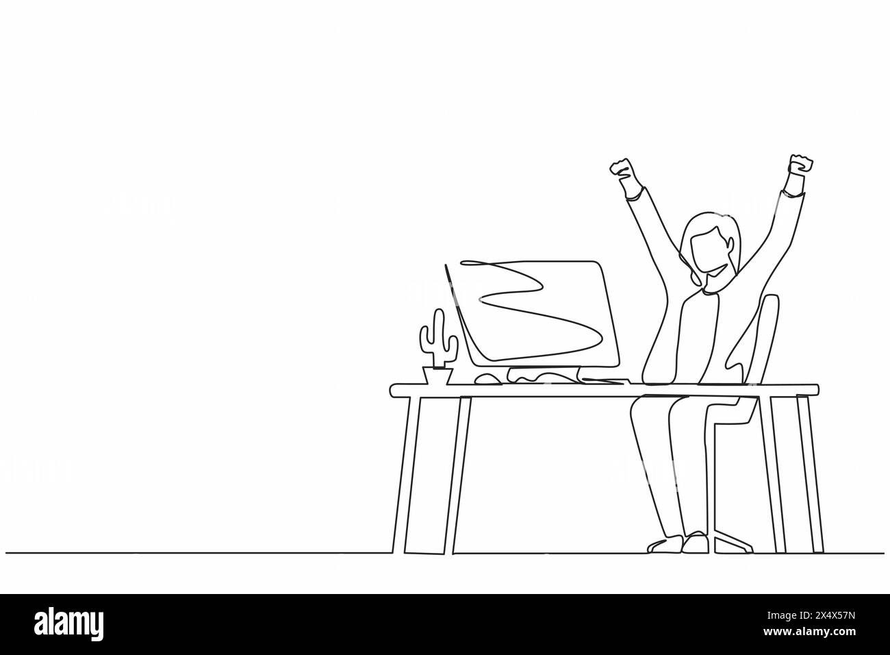 Single continuous line drawing happy businesswoman sitting with raised ...