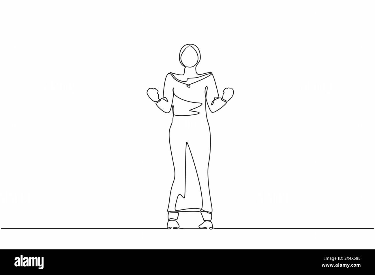 Single continuous line drawing happy Arabian businesswoman standing ...