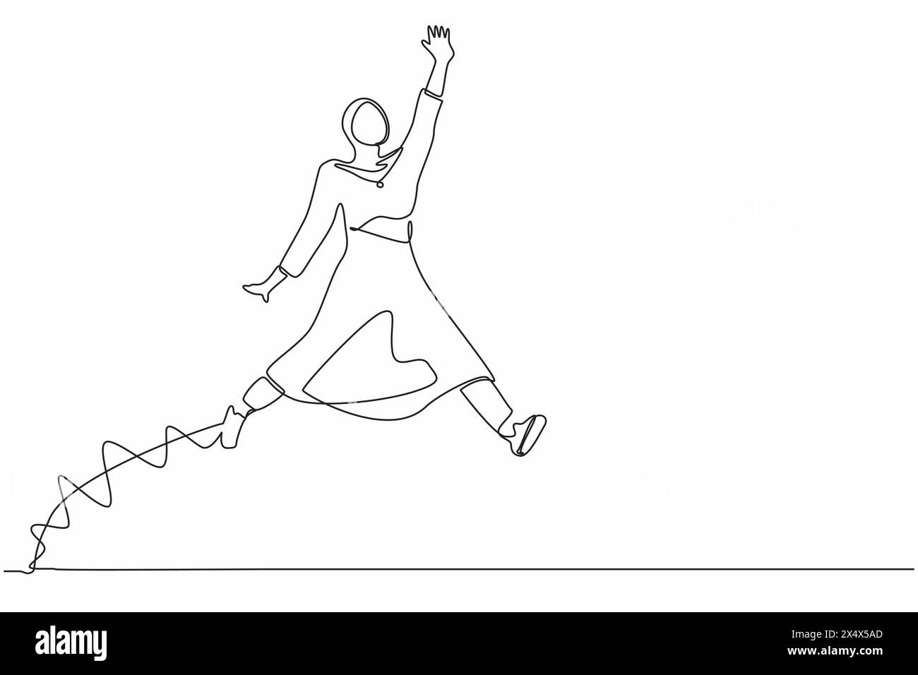 Single continuous line drawing happy Arab businesswoman jumping with ...