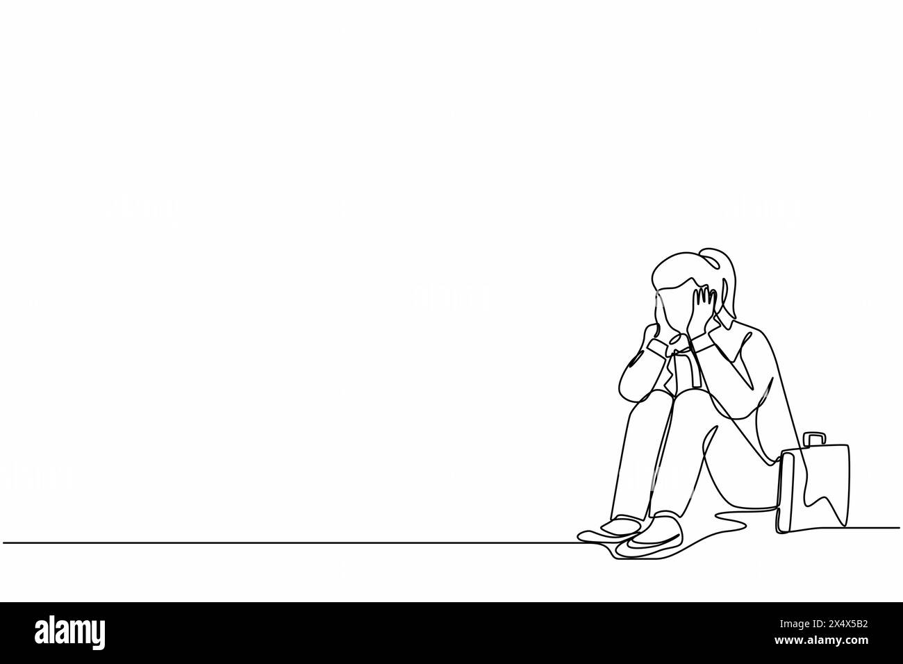 Single Continuous Line Drawing Sad Businesswoman Cover Her Face By Hands And Sitting On The