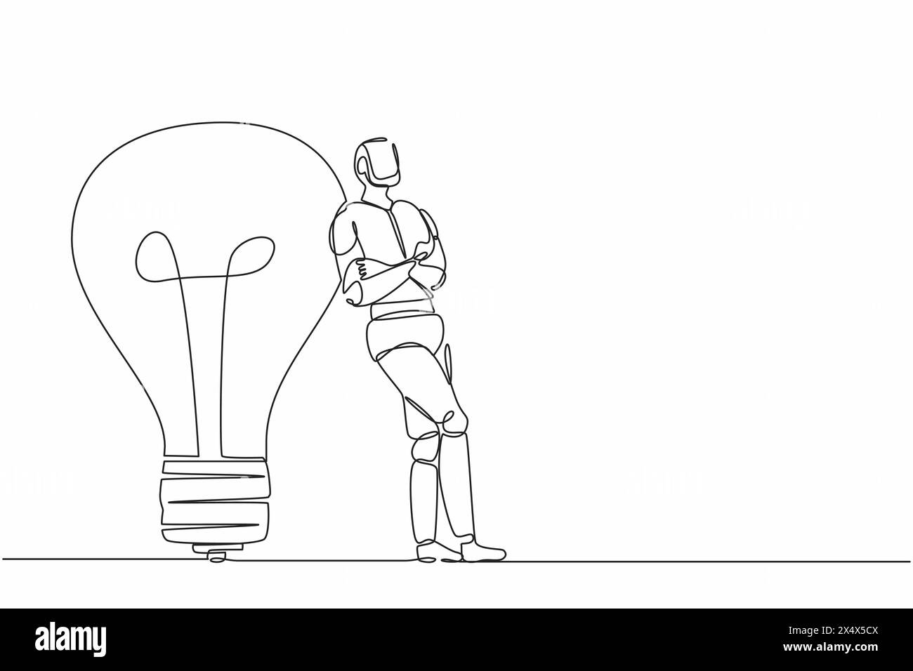 Single one line drawing robot lean on giant light bulb. Future ...