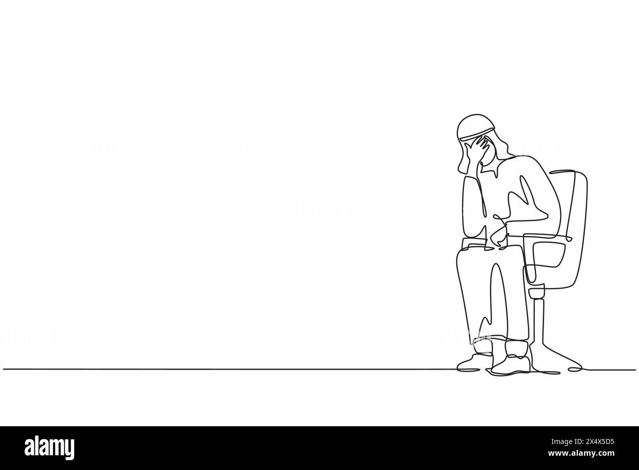 Single one line drawing sad depressed Arab businessman sitting on chair ...