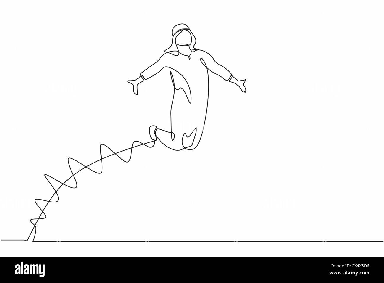 Single continuous line drawing happy Arab businessman jump with raised ...