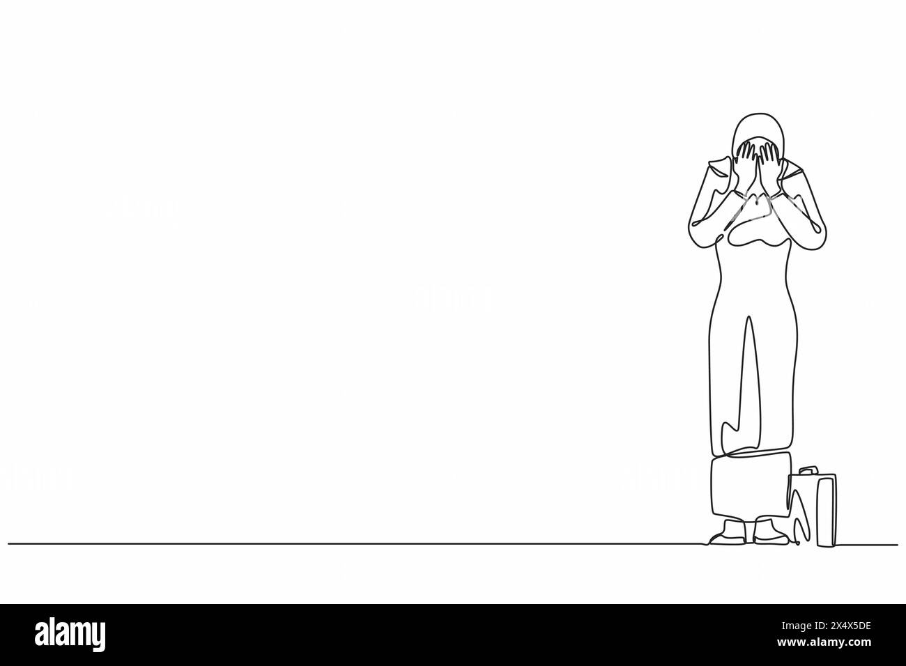 Single continuous line drawing Arab businesswoman cover her face by ...