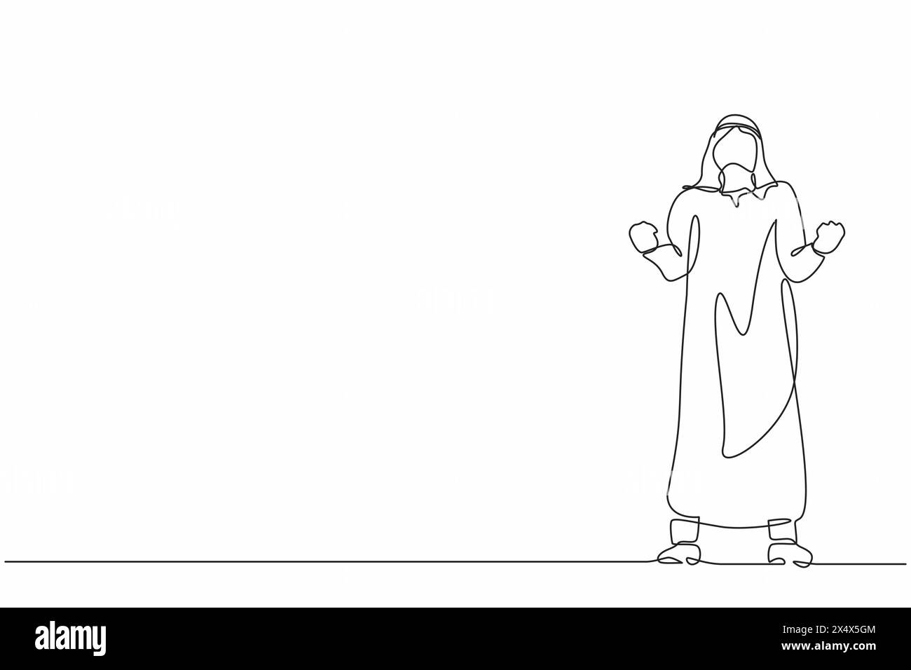 Single continuous line drawing happy Arabian businessman standing with ...