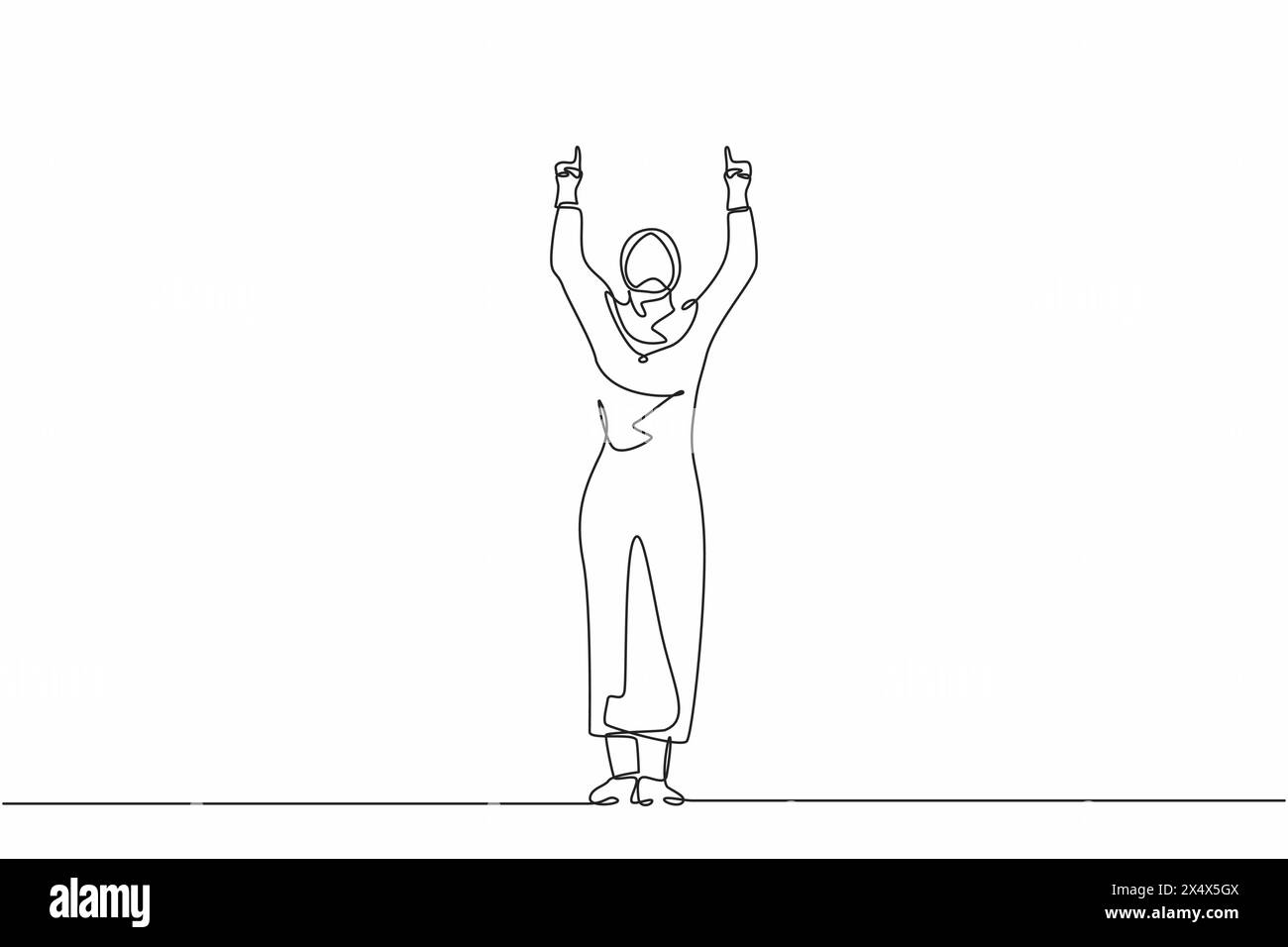 Single one line drawing happy Arab businesswoman standing and both ...