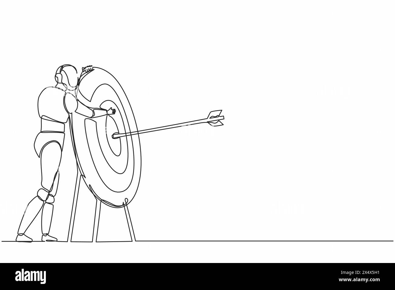 Single continuous line drawing robots hugging huge target with arrow on ...
