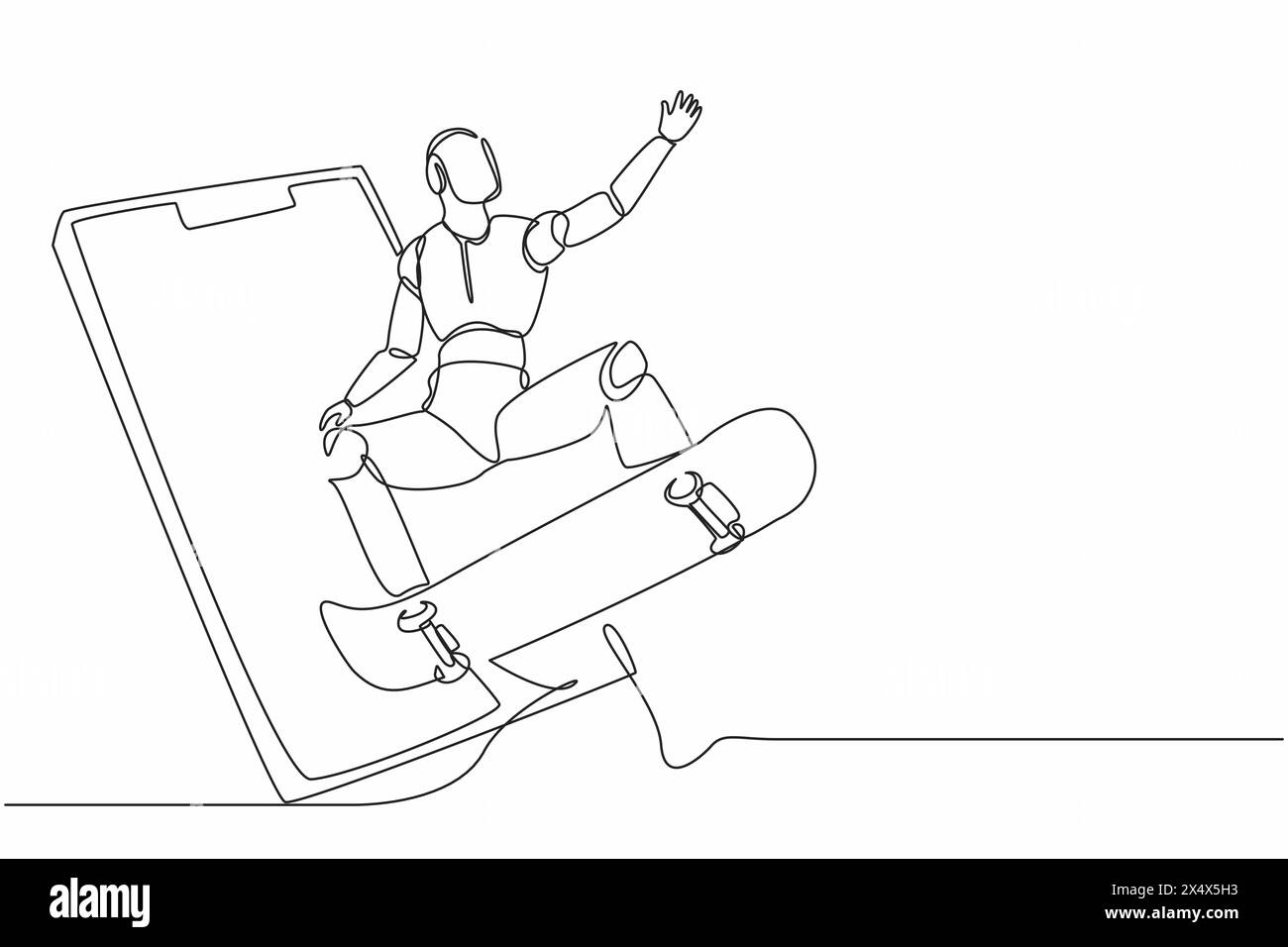 Continuous one line drawing robot come out from cellular phone and jump with skateboard ...