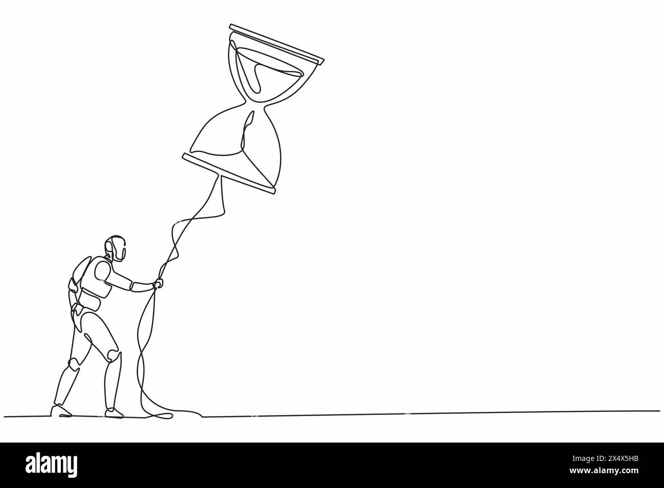 Single continuous line drawing robot holding flying hourglass balloon ...