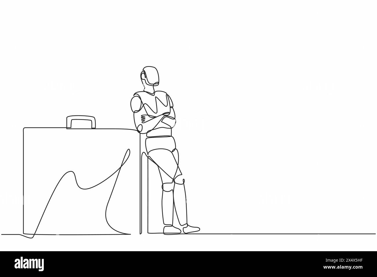 Continuous one line drawing robots lean on huge briefcase. Modern ...