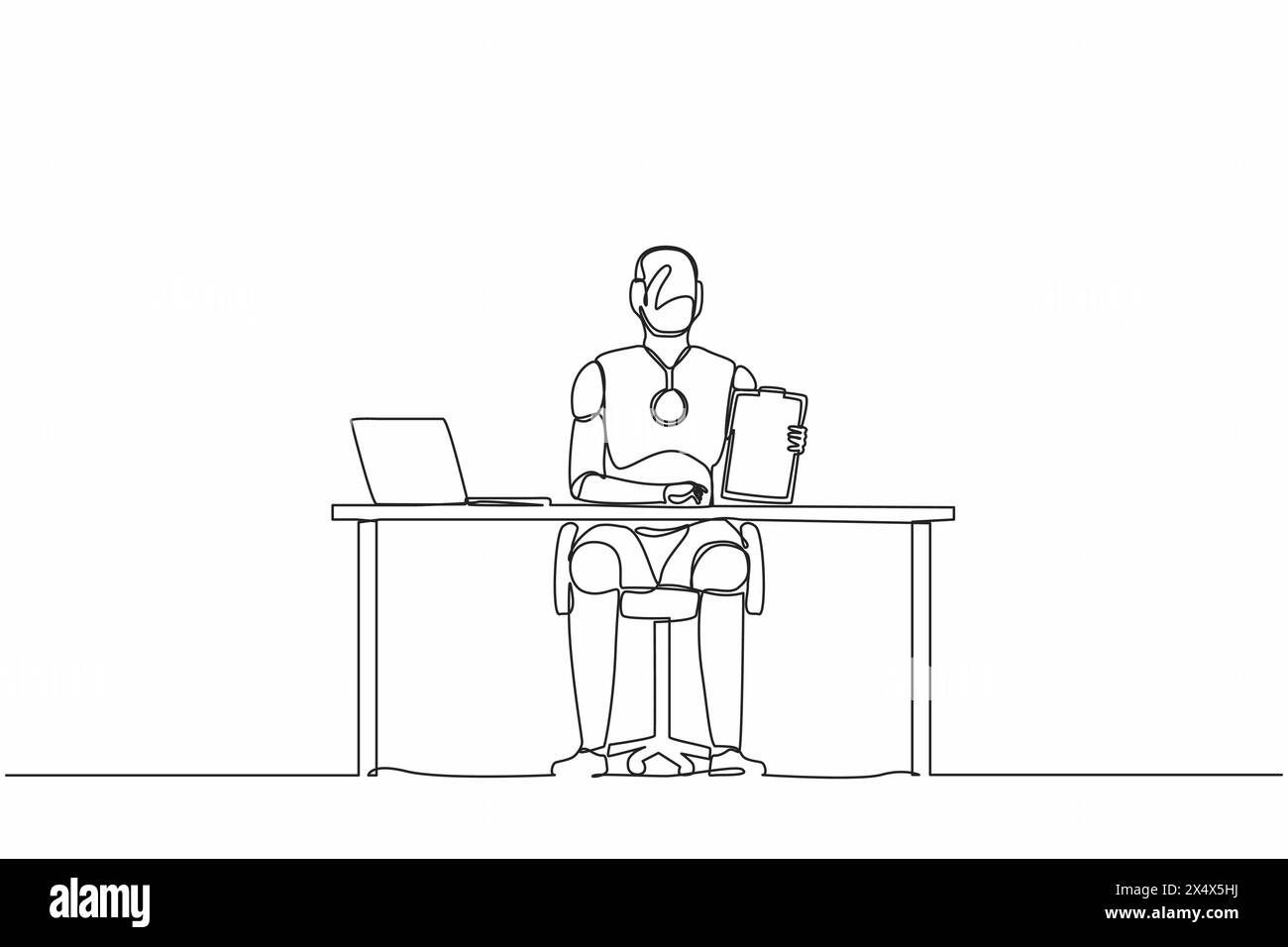 Continuous one line drawing robots sitting near office desk and showing ... Continuous one line drawing robots sitting near office desk and showing ...