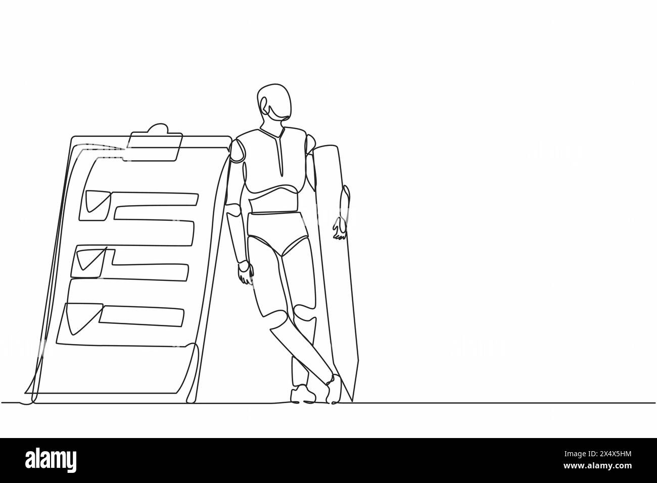 Single continuous line drawing robots holding big pencil and lean on ... Single continuous line drawing robots holding big pencil and lean on ...