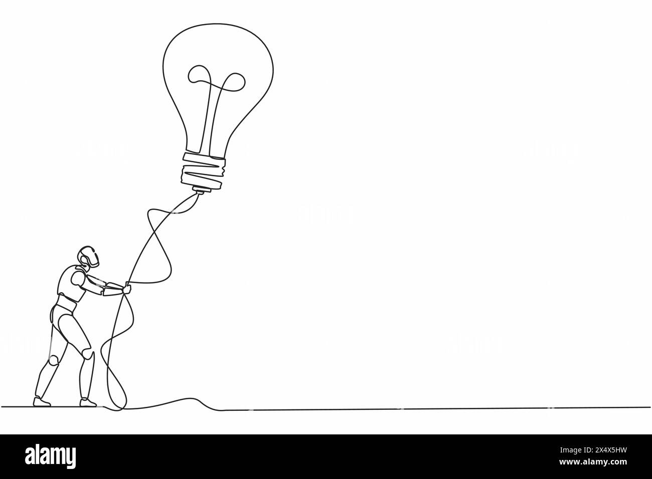 Single continuous line drawing robot holding flying lightbulb balloon ...