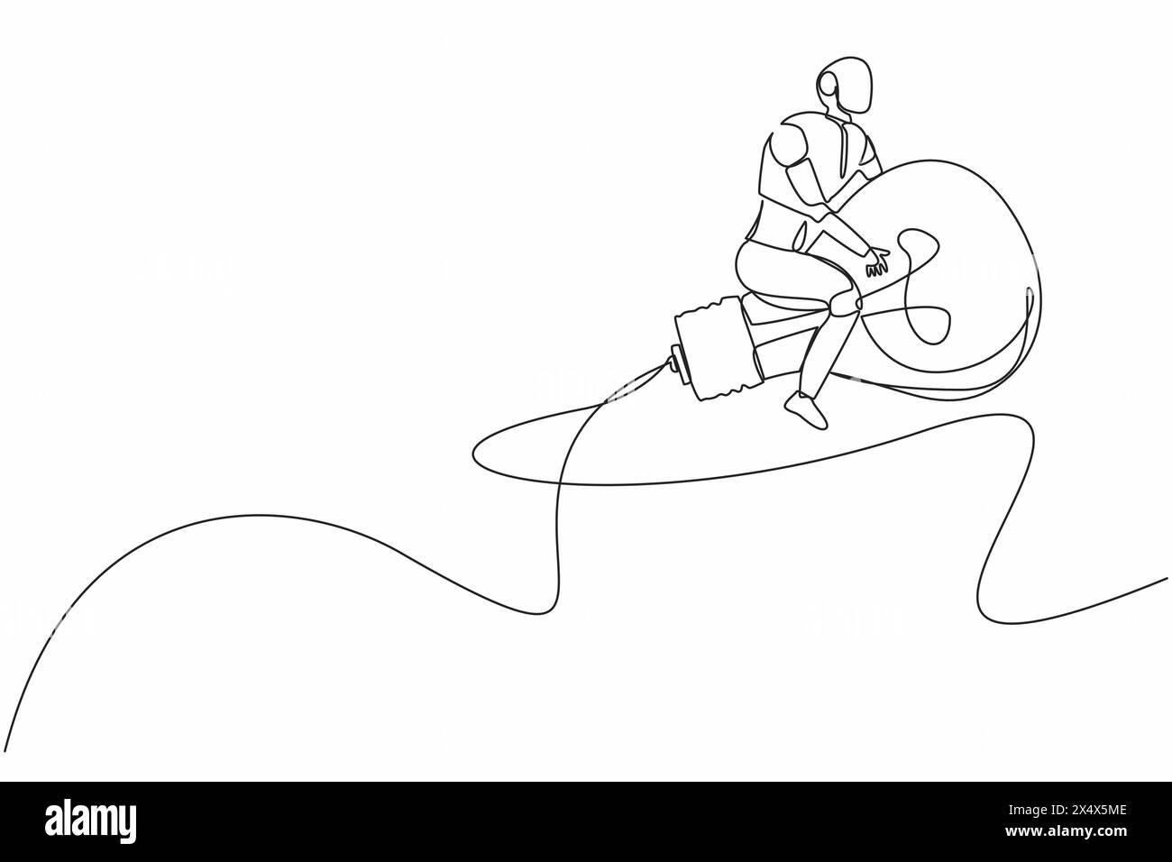 Continuous one line drawing robots riding light bulb rockets. Modern ...