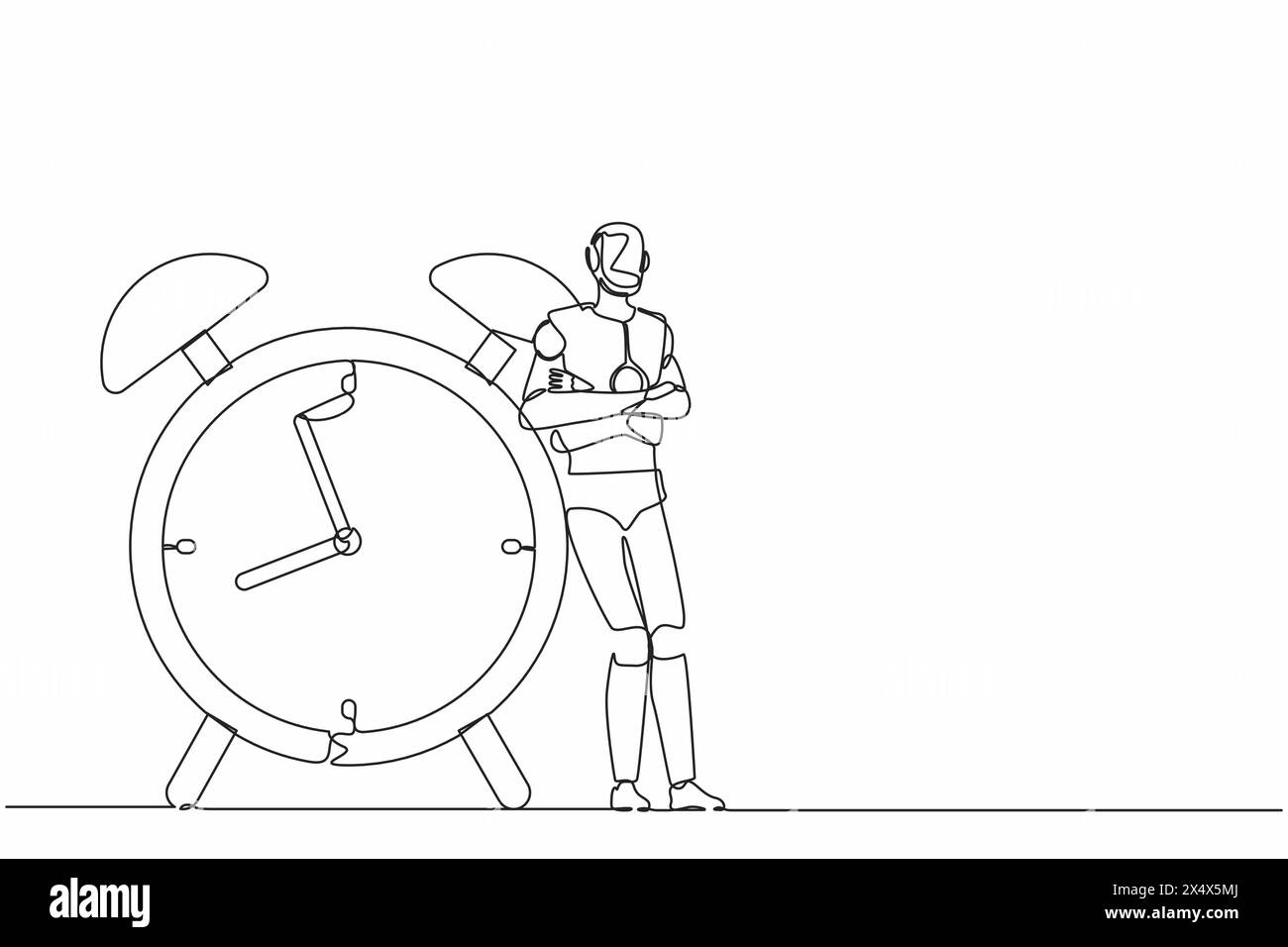 Single one line drawing robots lean on huge alarm clock. Modern ...