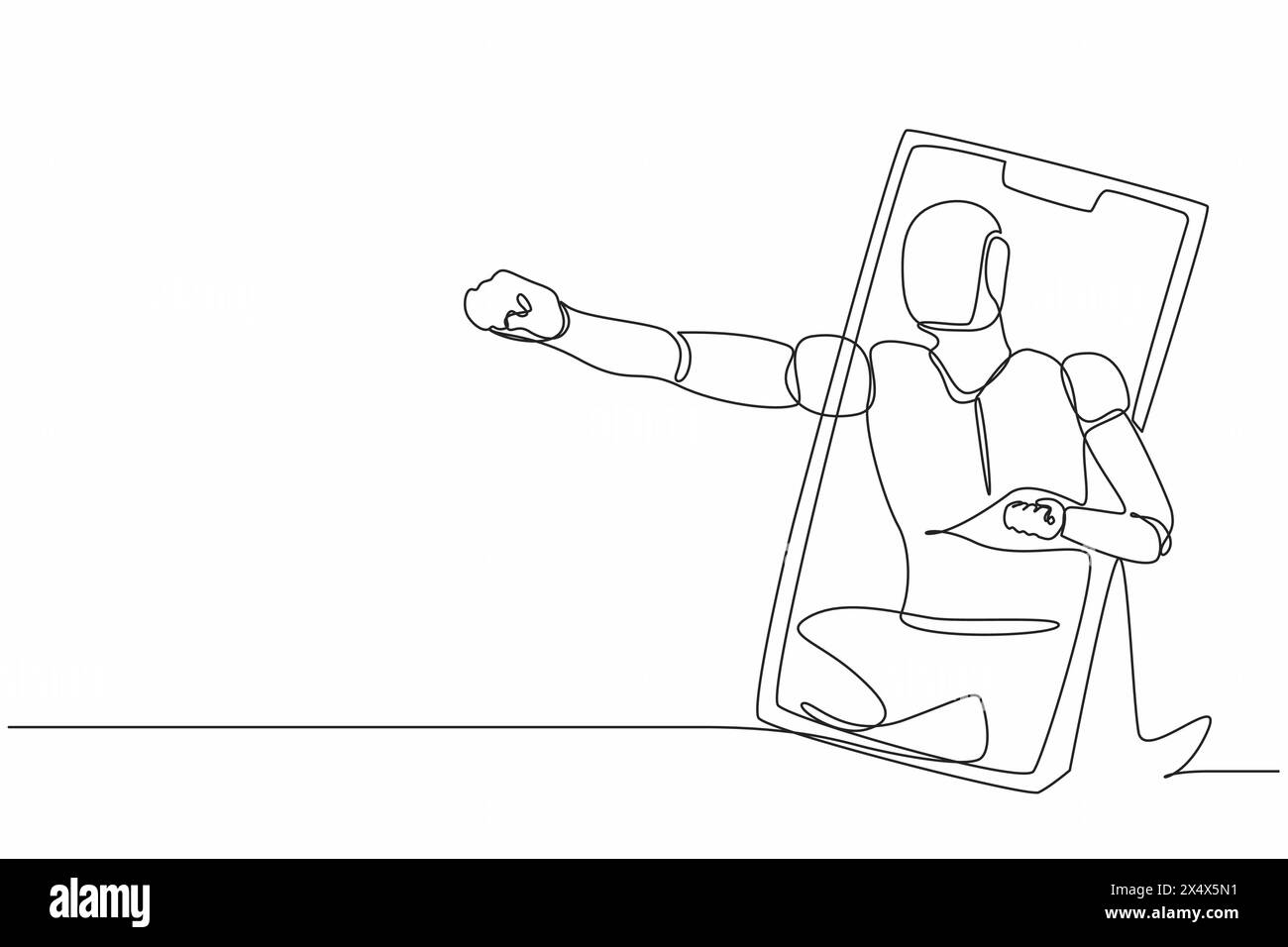 Single one line drawing robot come out from cellular phone with fist ...