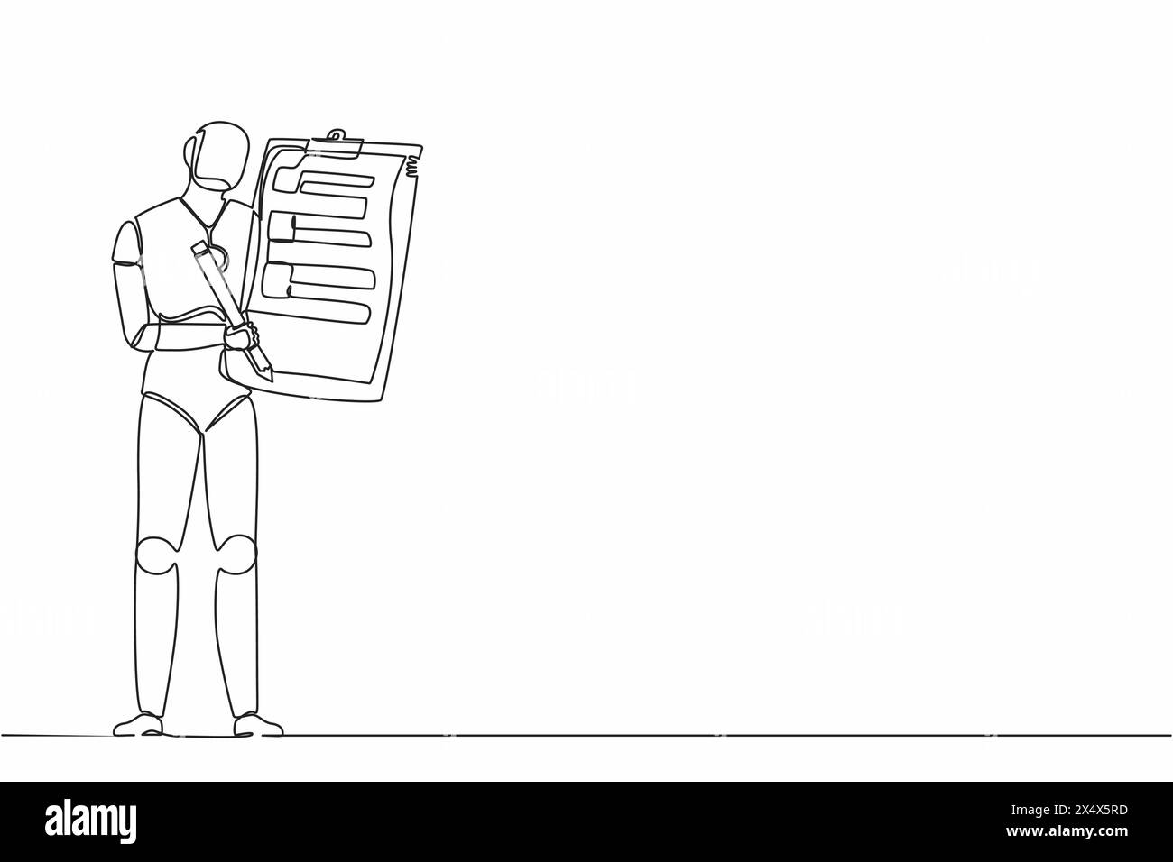 Single one line drawing robot holding clipboard with checklist. Future ...