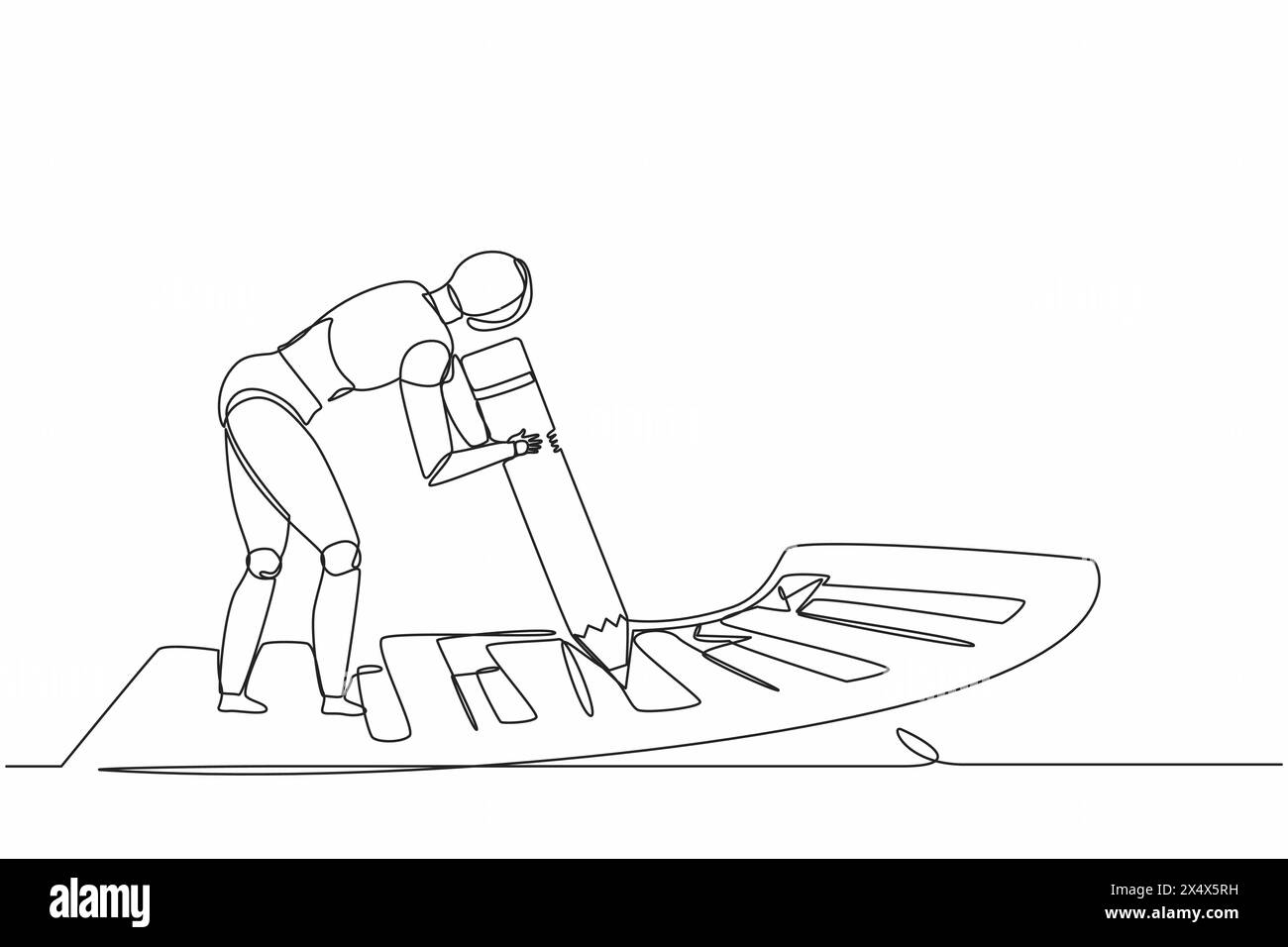 Continuous one line drawing robots standing near big checklist and fills out questionnaire with ...