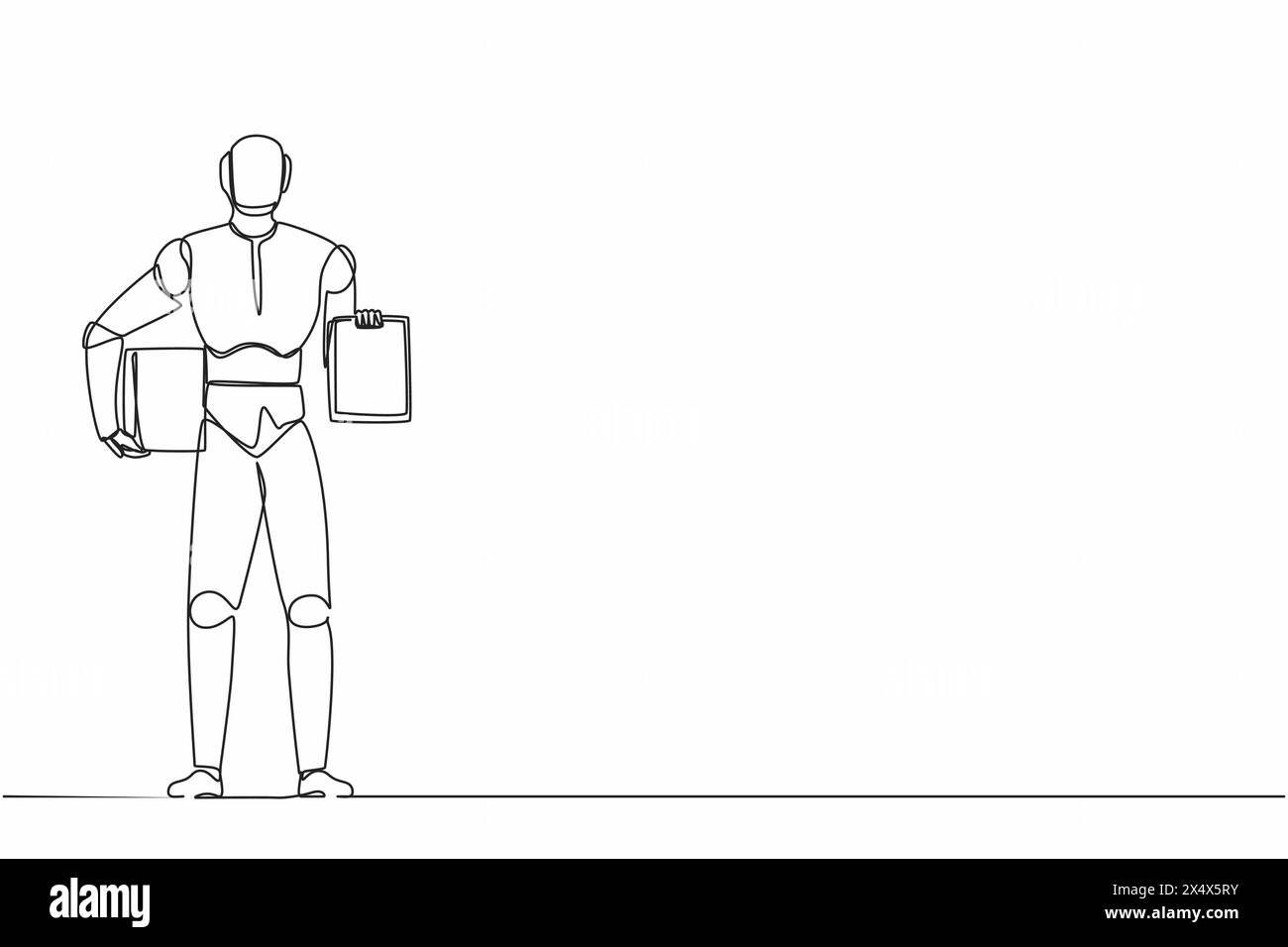 Single continuous line drawing robot holding boxes and clipboard with ...