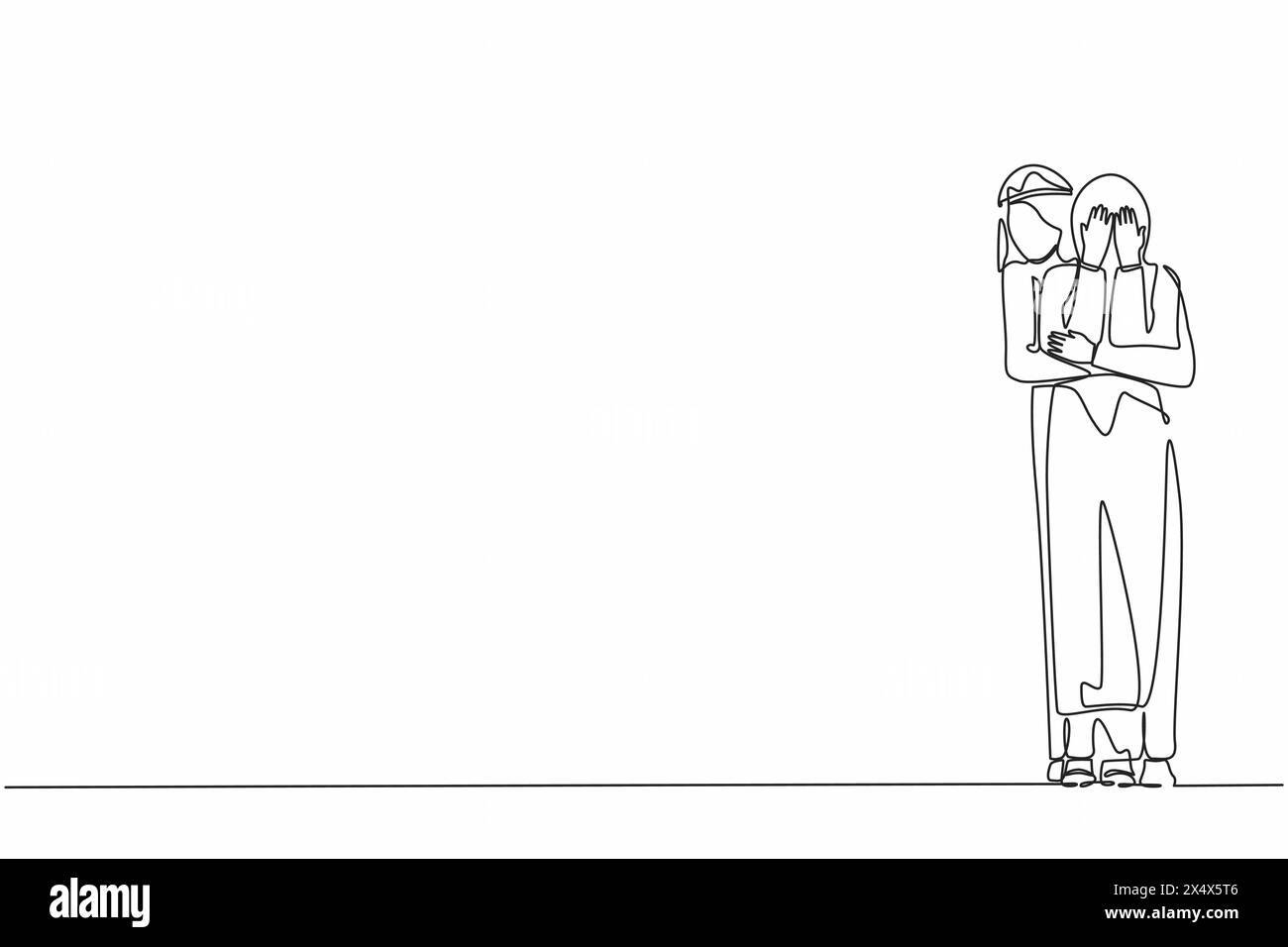 Single one line drawing Arabian man husband calming his crying woman ...