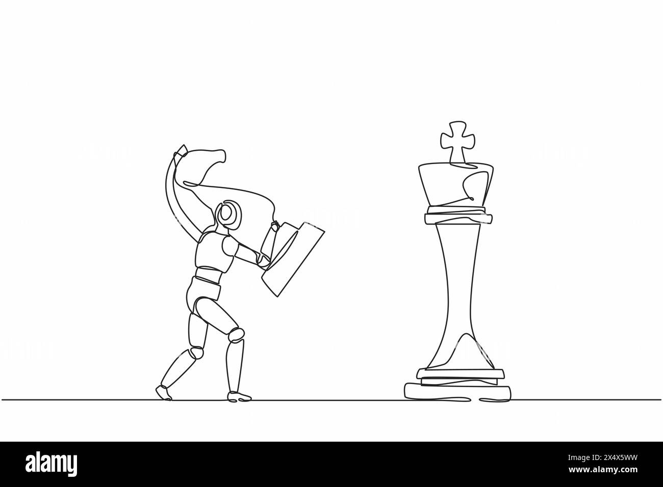Continuous one line drawing robots holding knight chess piece to beat ...