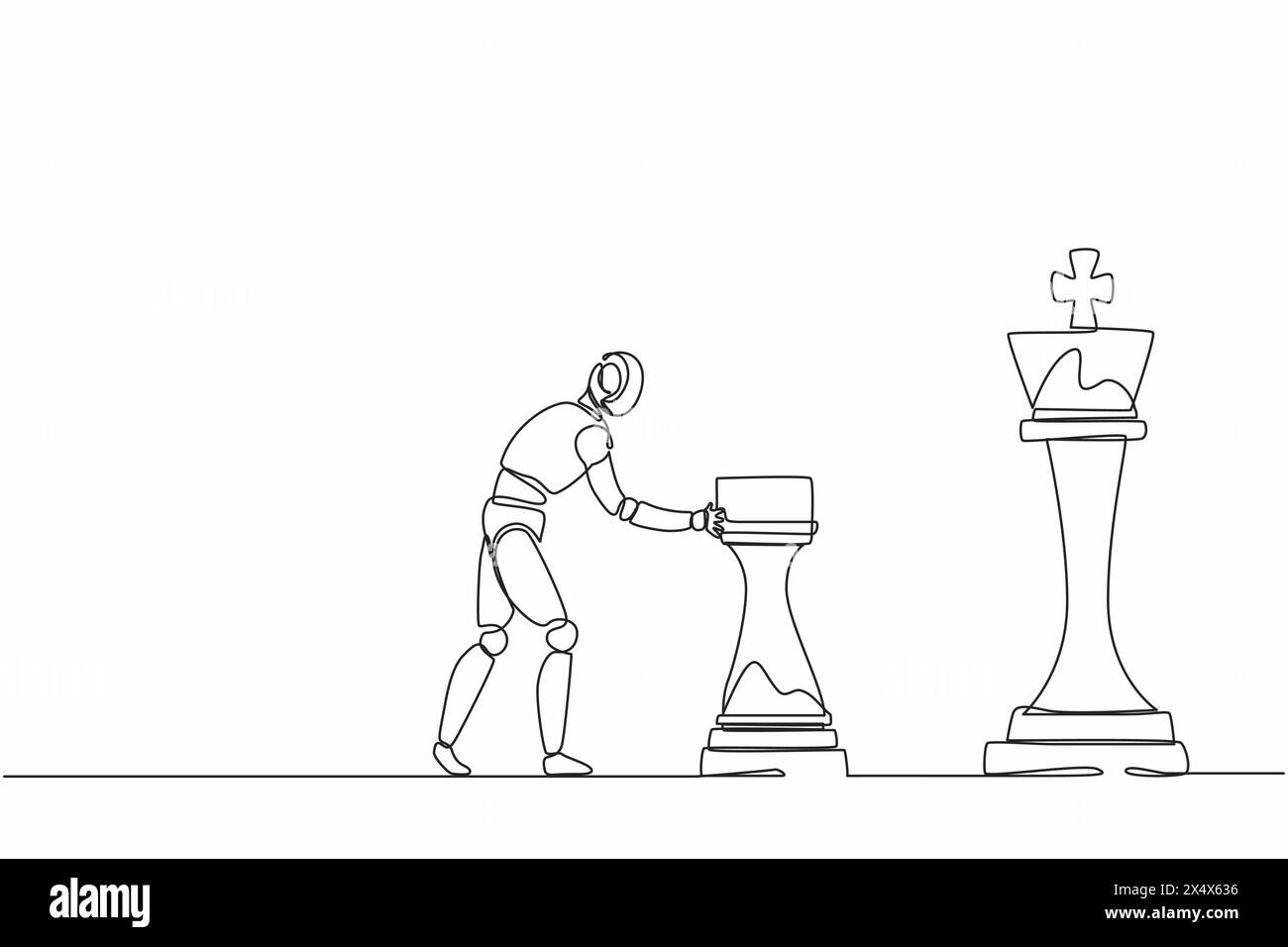 Single continuous line drawing robots push huge rook chess piece to ...