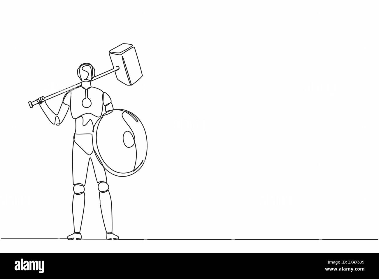 Single continuous line drawing robot standing holding hammer and shield ...