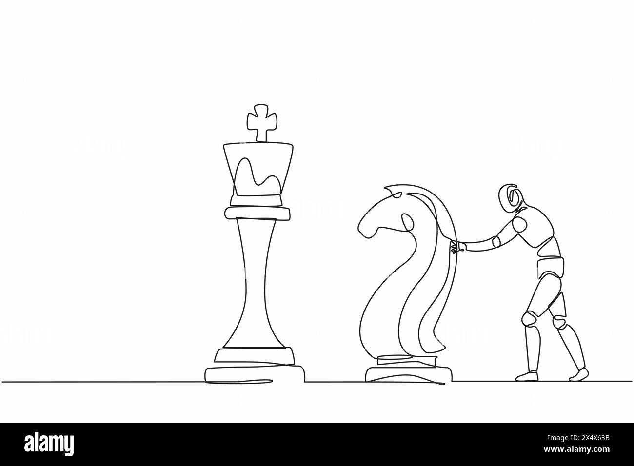 Continuous one line drawing robots push huge knight horse chess piece ...