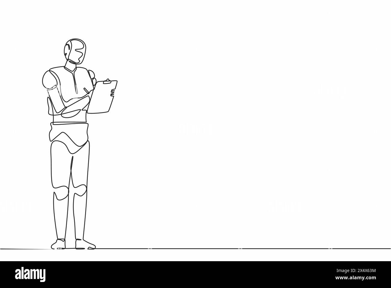 Single one line drawing robot standing and writing on clipboard. Future ...