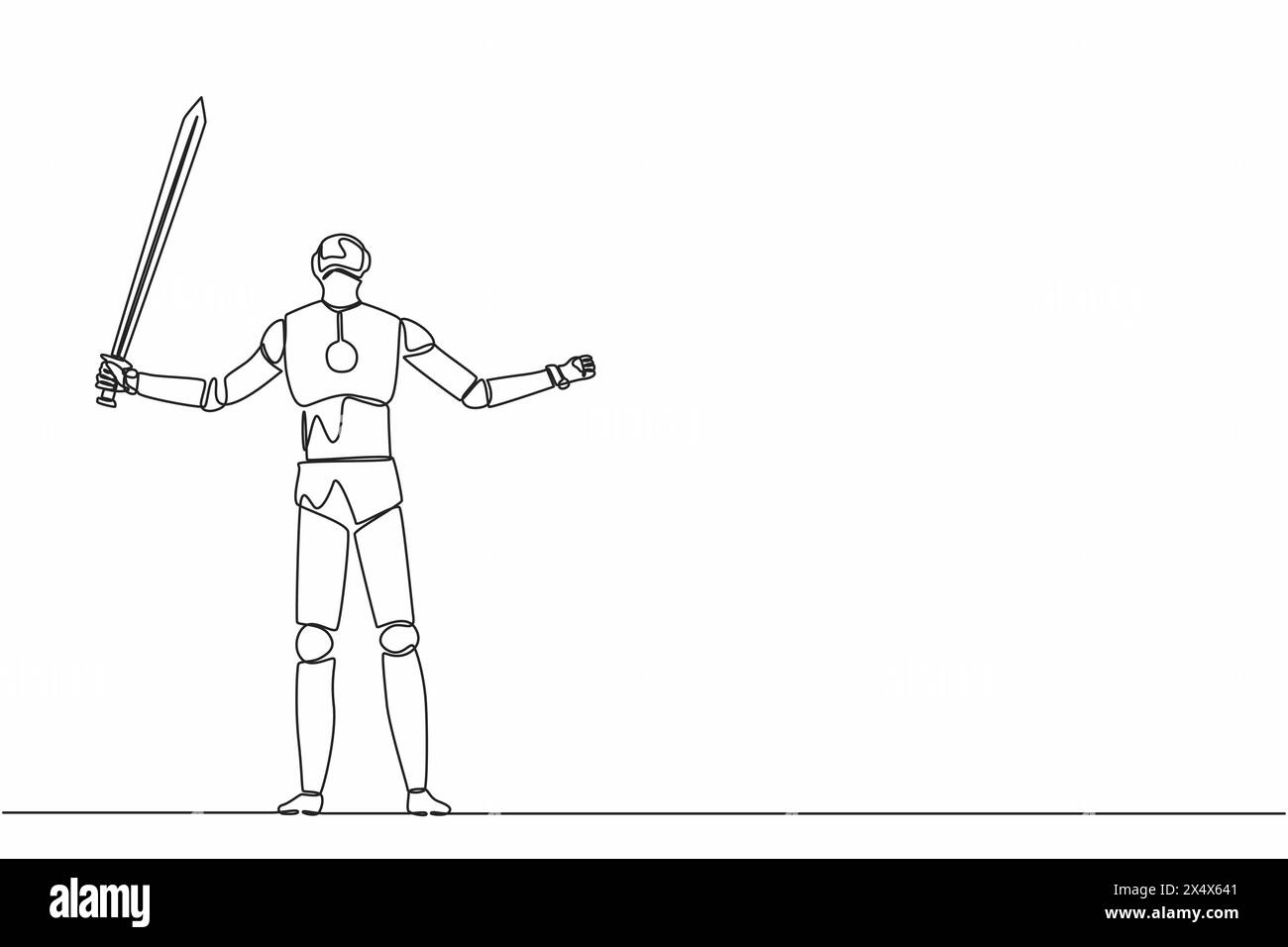 Continuous one line drawing robots standing and lifting up big sword ... Continuous one line drawing robots standing and lifting up big sword ...