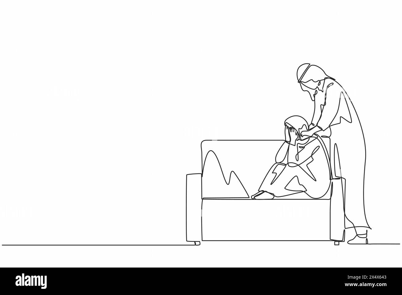 Continuous one line drawing Arab man giving support and comfort to ...