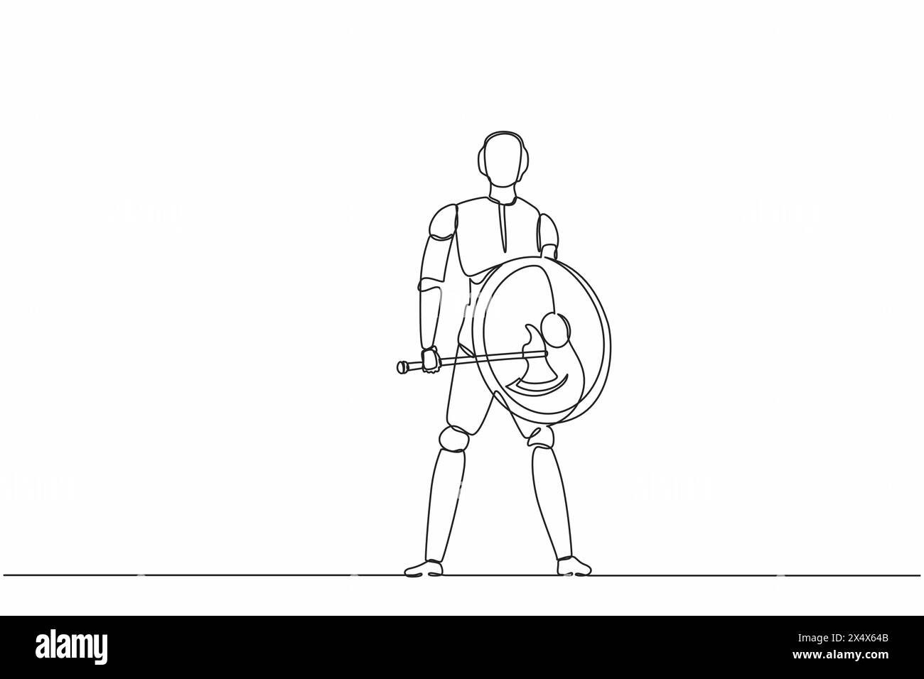 Single continuous line drawing robots standing holding axe and shield ... Single continuous line drawing robots standing holding axe and shield ...