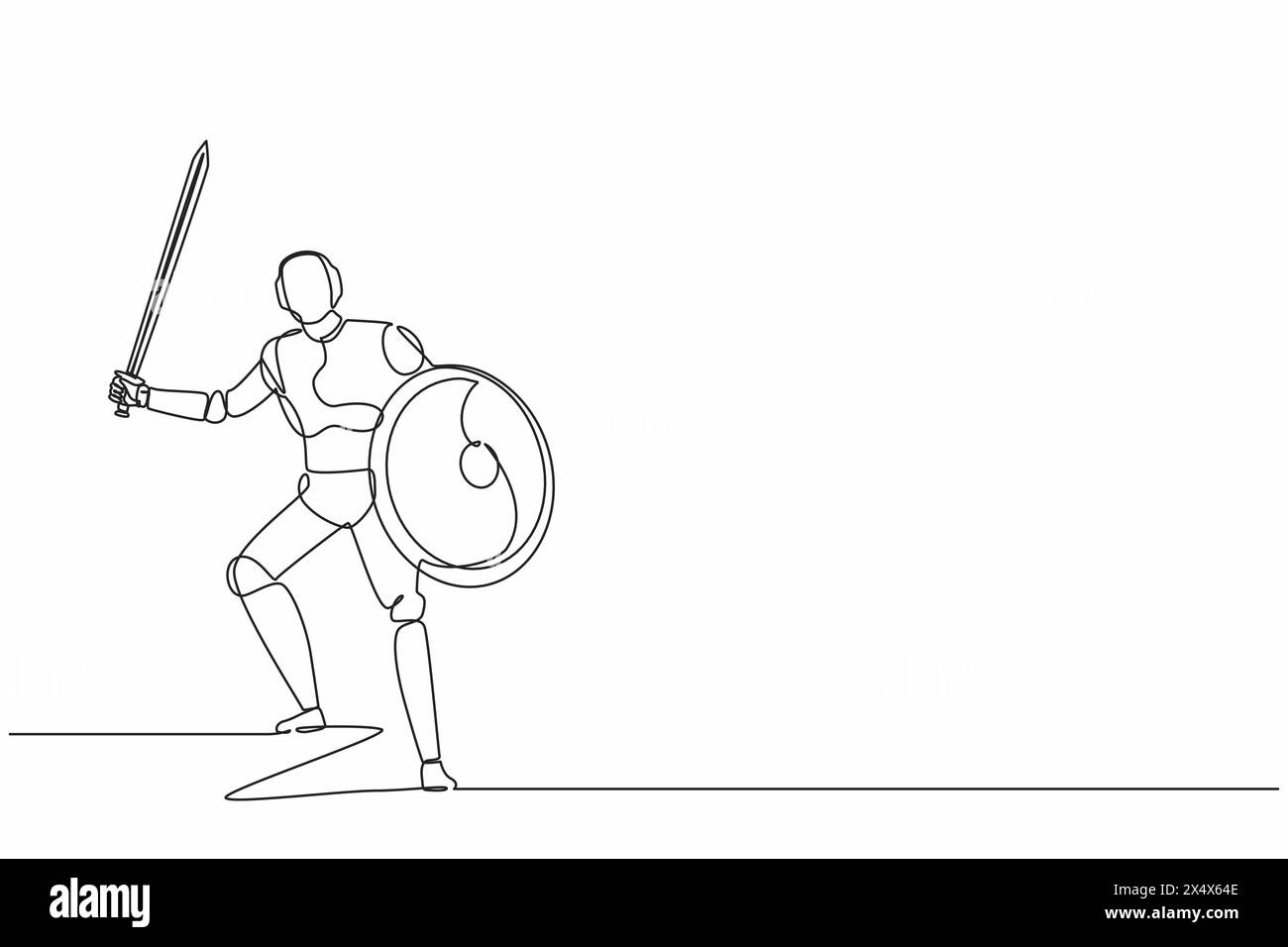 Single one line drawing robot with sword and shield furiously attacks ...