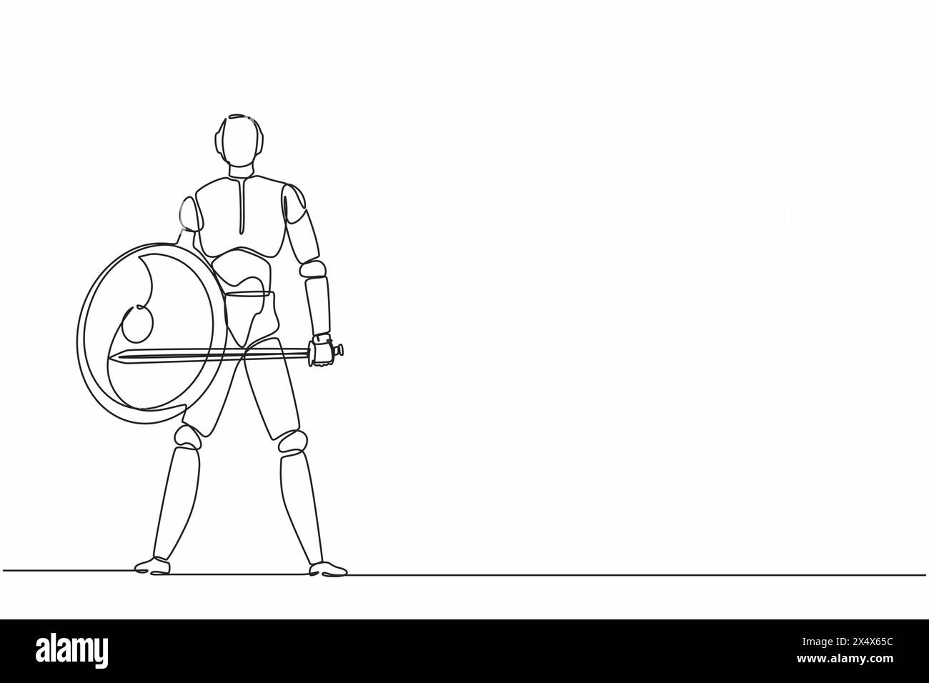 Single one line drawing robot standing holding sword and shield. Future ... Single one line drawing robot standing holding sword and shield. Future ...