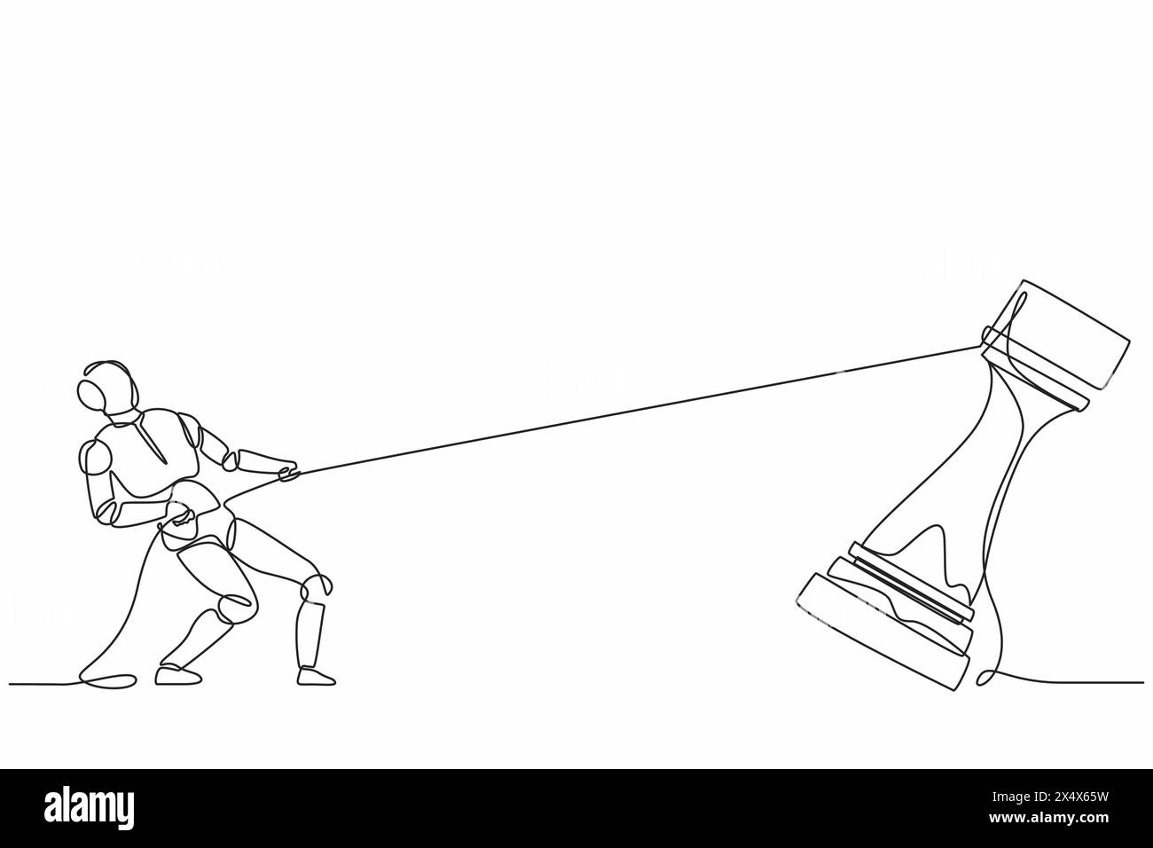 Single one line drawing robot pulling big rook chess with rope. Future ... Single one line drawing robot pulling big rook chess with rope. Future ...