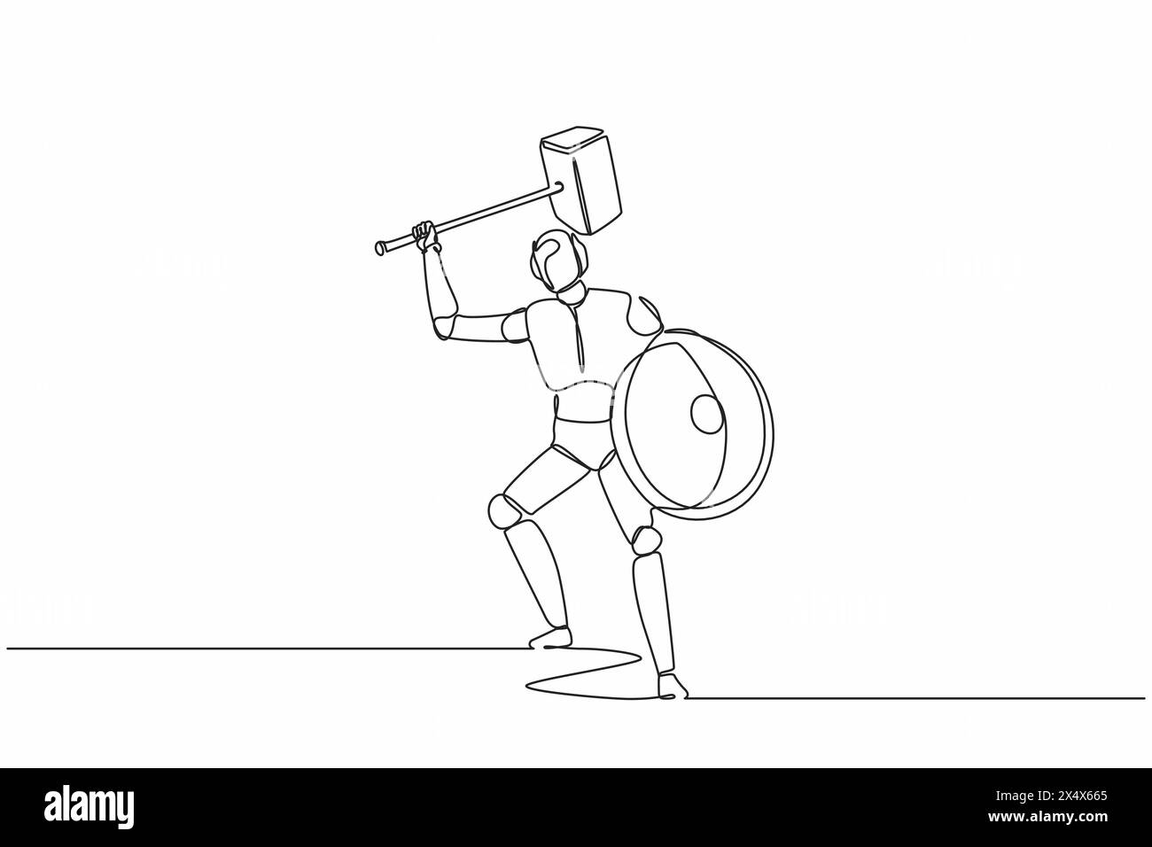 Single one line drawing robot with hammer and shield furiously attack ...