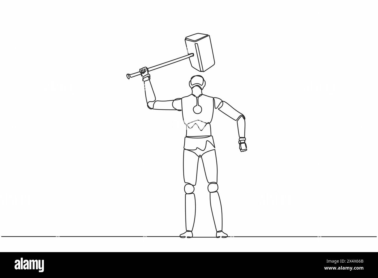 Single one line drawing robot standing and lifting up big hammer ... Single one line drawing robot standing and lifting up big hammer ...