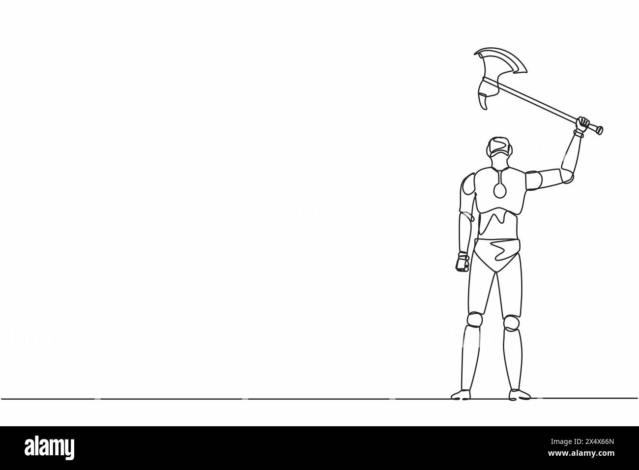 Single continuous line drawing robots standing and lifting up big axe. Modern robotics ...