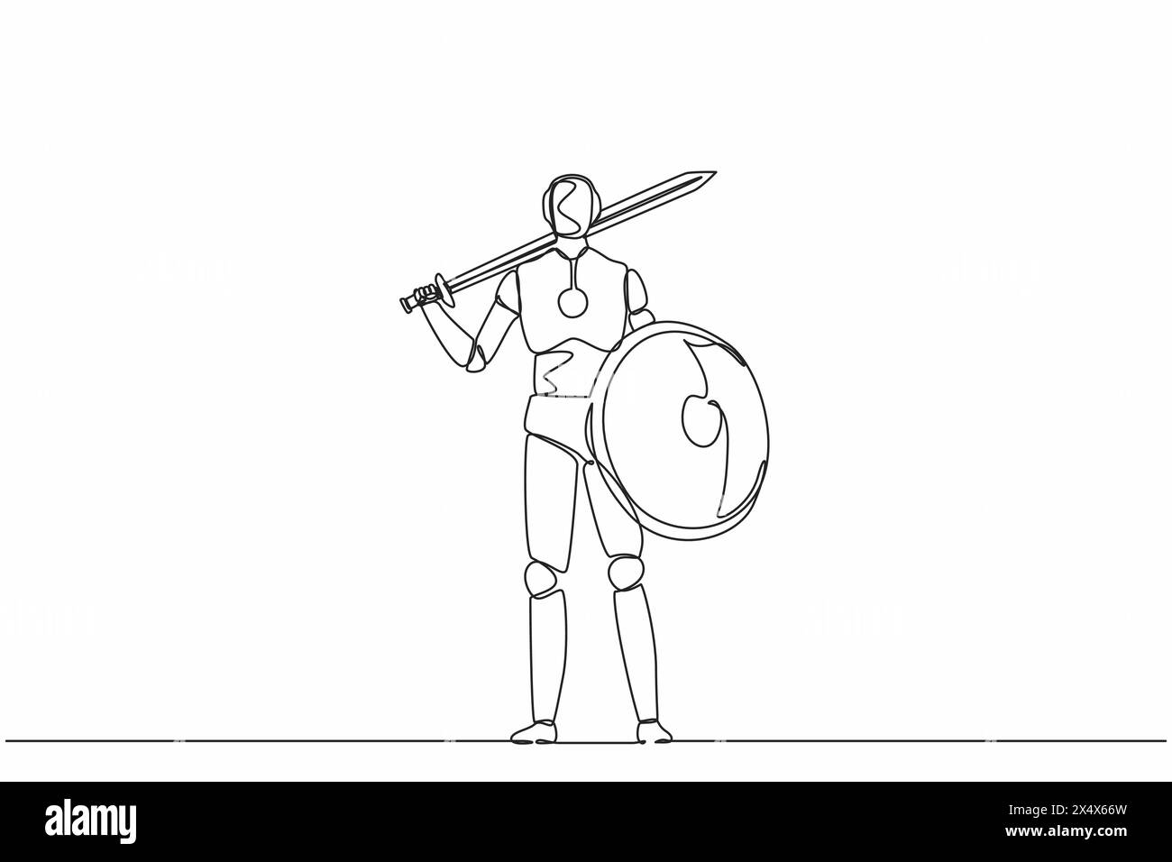 Single continuous line drawing robots standing holding sword and shield ...