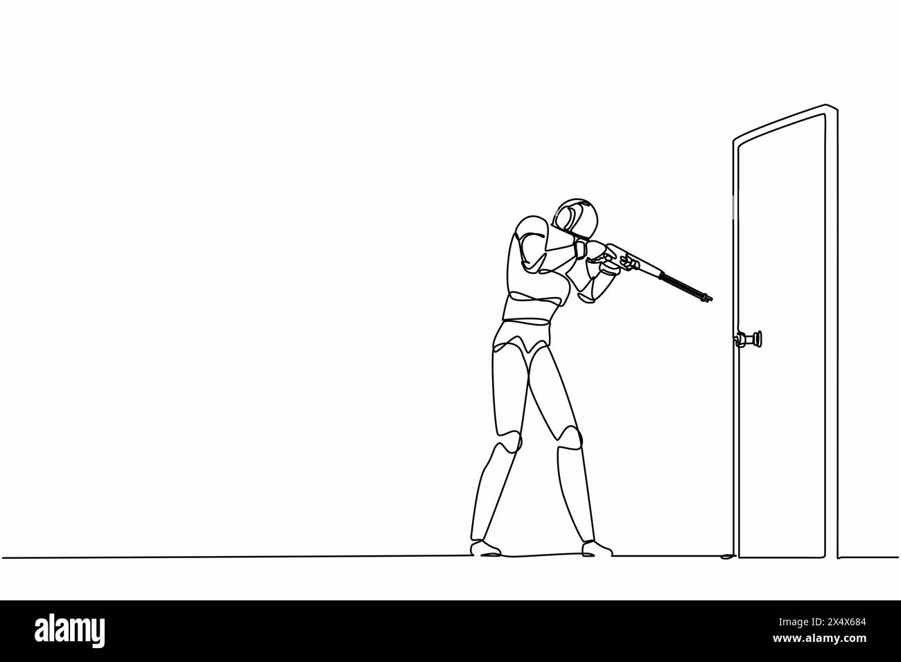 Single one line drawing robot pointing shotgun at doorknob. Future ...