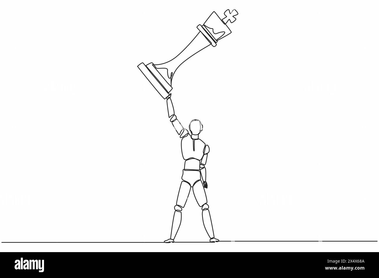 Continuous one line drawing robot standing and lifting up king chess piece. Humanoid robot ...
