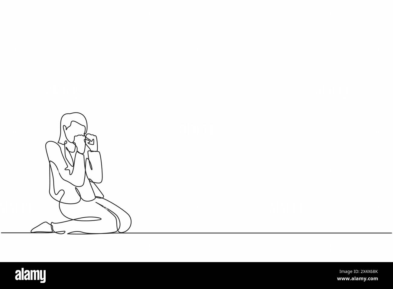 Single continuous line drawing happy businesswoman kneeling with ...