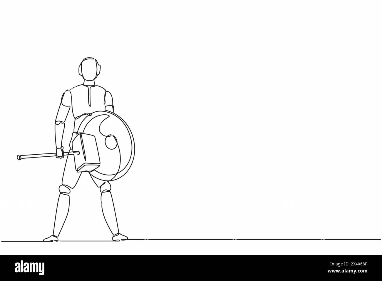 Single one line drawing robot standing holding hammer and shield ...