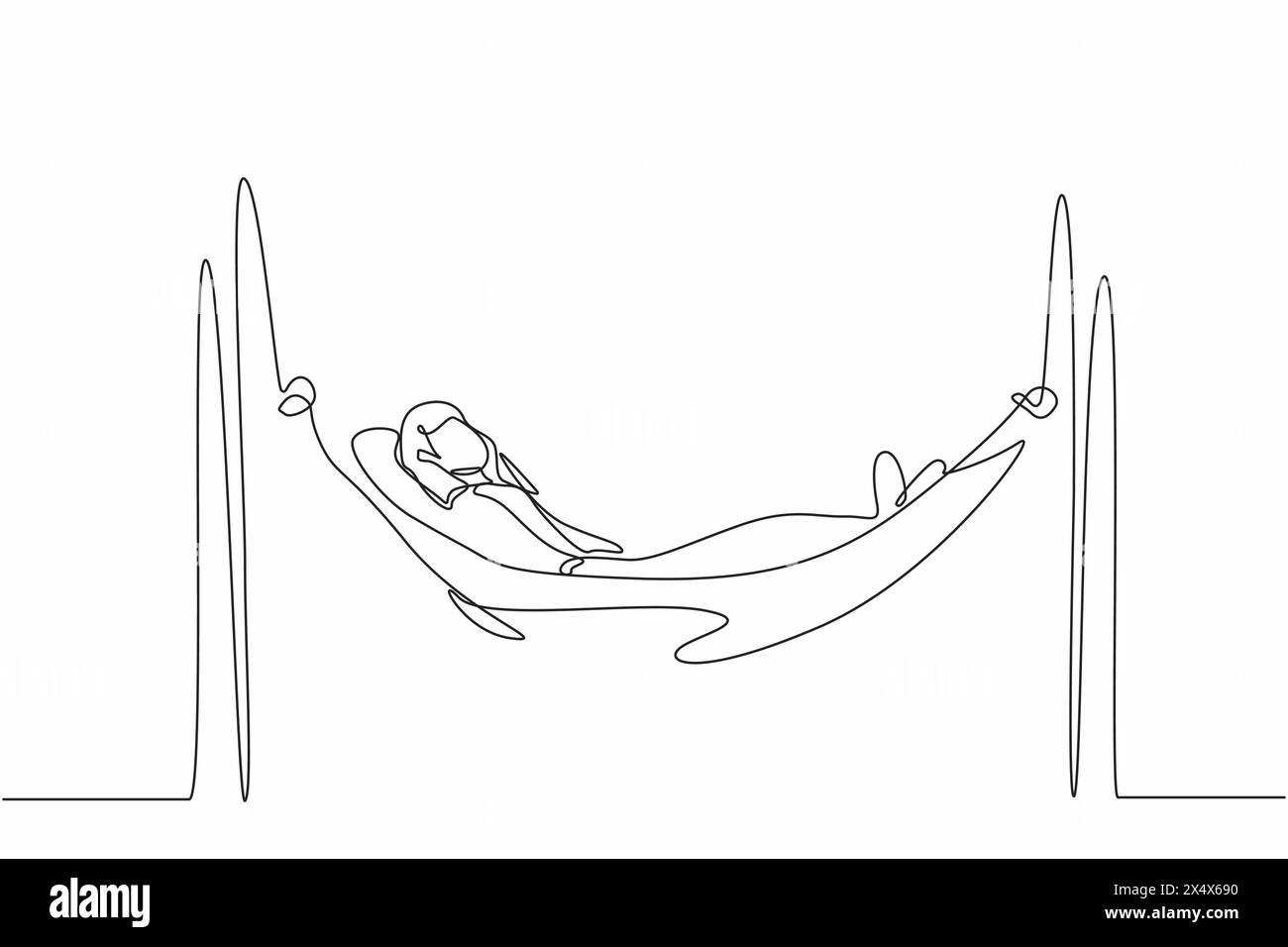 Single one line drawing young businesswoman is lying in hammock and ...